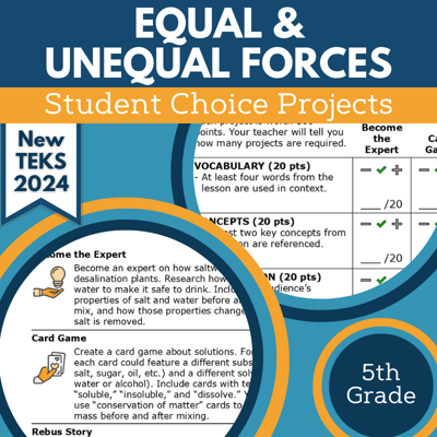 TEKS 5.7A Equal & Unequal Forces Activities for 5th Grade Science